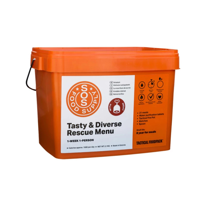 Pack semaine S.O.S avec viande - 21 repas + accessoires de survie ...